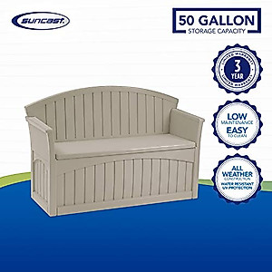 Suncast 50 Gallon Patio Bench with Storage - Decorative Resin Outdoor Patio Bench for Deck, Patio, Garden, Backyard - Ideal for Storing Toys, Cushions, Tools - Taupe ()