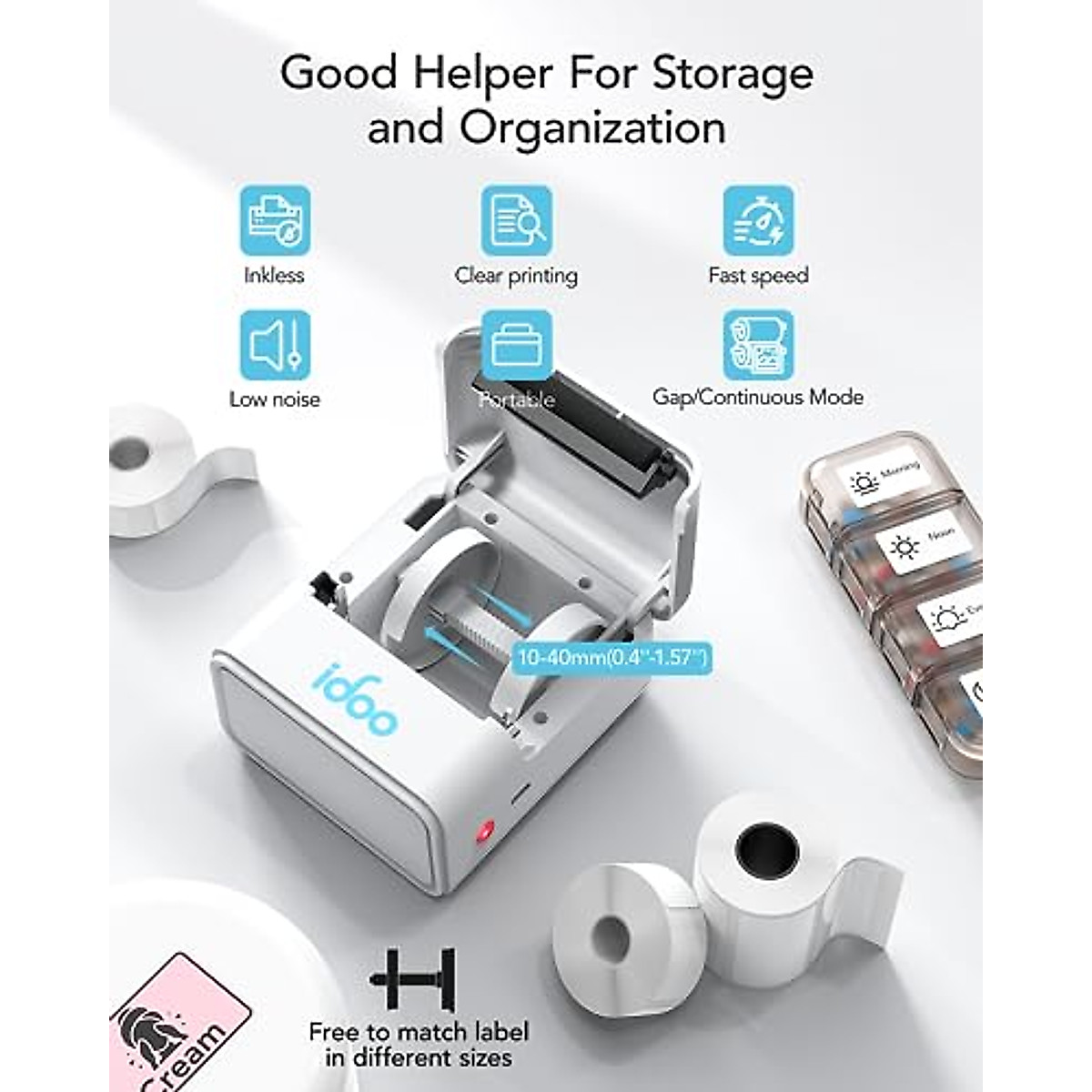 iDOO Thermal Label Maker Portable Barcode Label Maker Machine with 2 Tapes, Bluetooth Sticker Printer,Label Maker for Small Business Home Office Organization, Compatible with Android & iOS