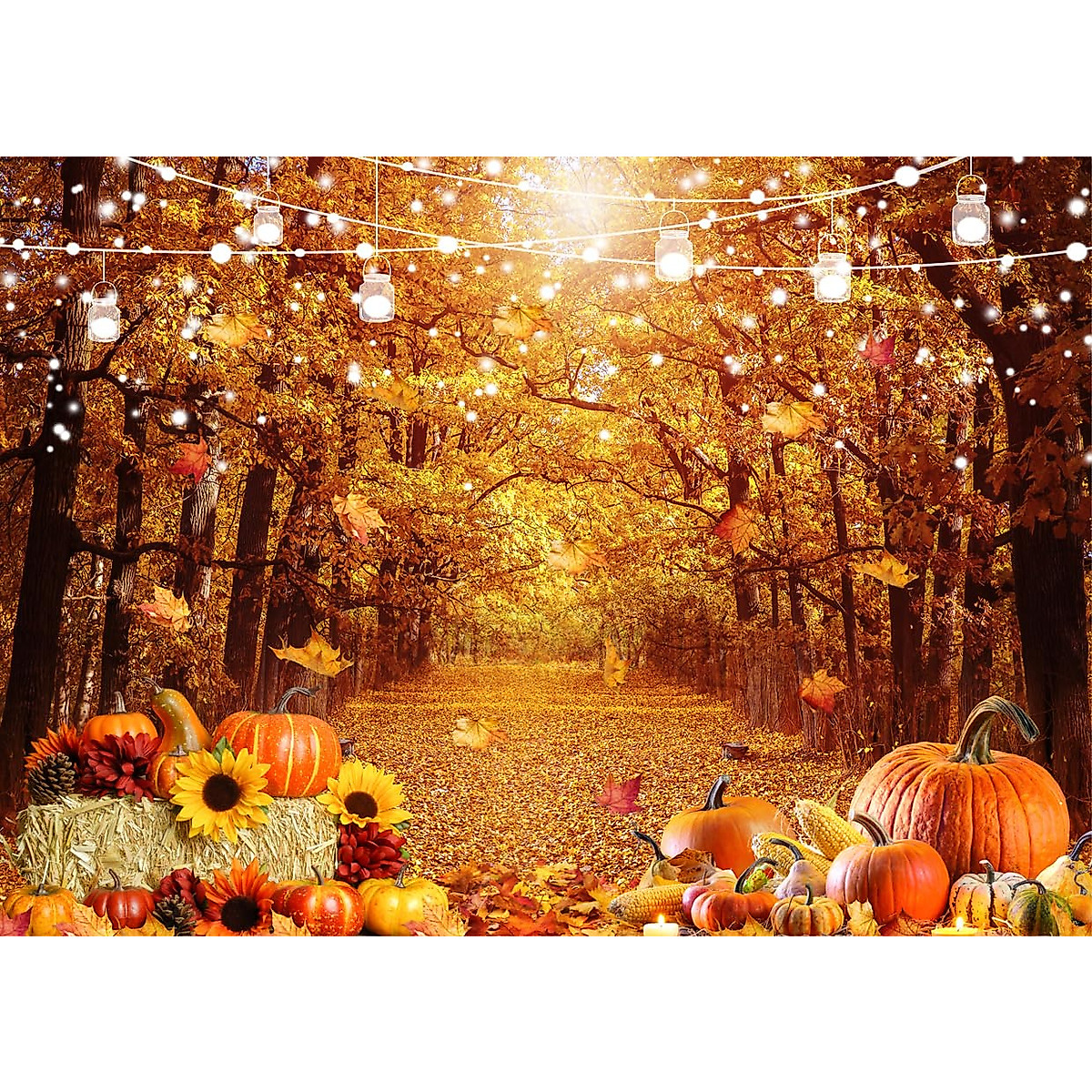 SJOLOON Fall Photo Backdrop Golden Fallen Leaves Autumn Backdrop Pumpkin Thanksgiving Background for Party Decoration Photoshoot 12591 (7x5FT)