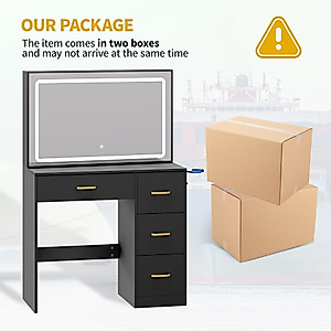 DWVO Makeup Vanity Table, Vanity Desk Set with Large Mirror and LED Lights, Brightness Adjustable, Vanity with 4 Drawers, Bedroom Vanity Table with Cushioned Stool for Women Girls, Charcoal Black