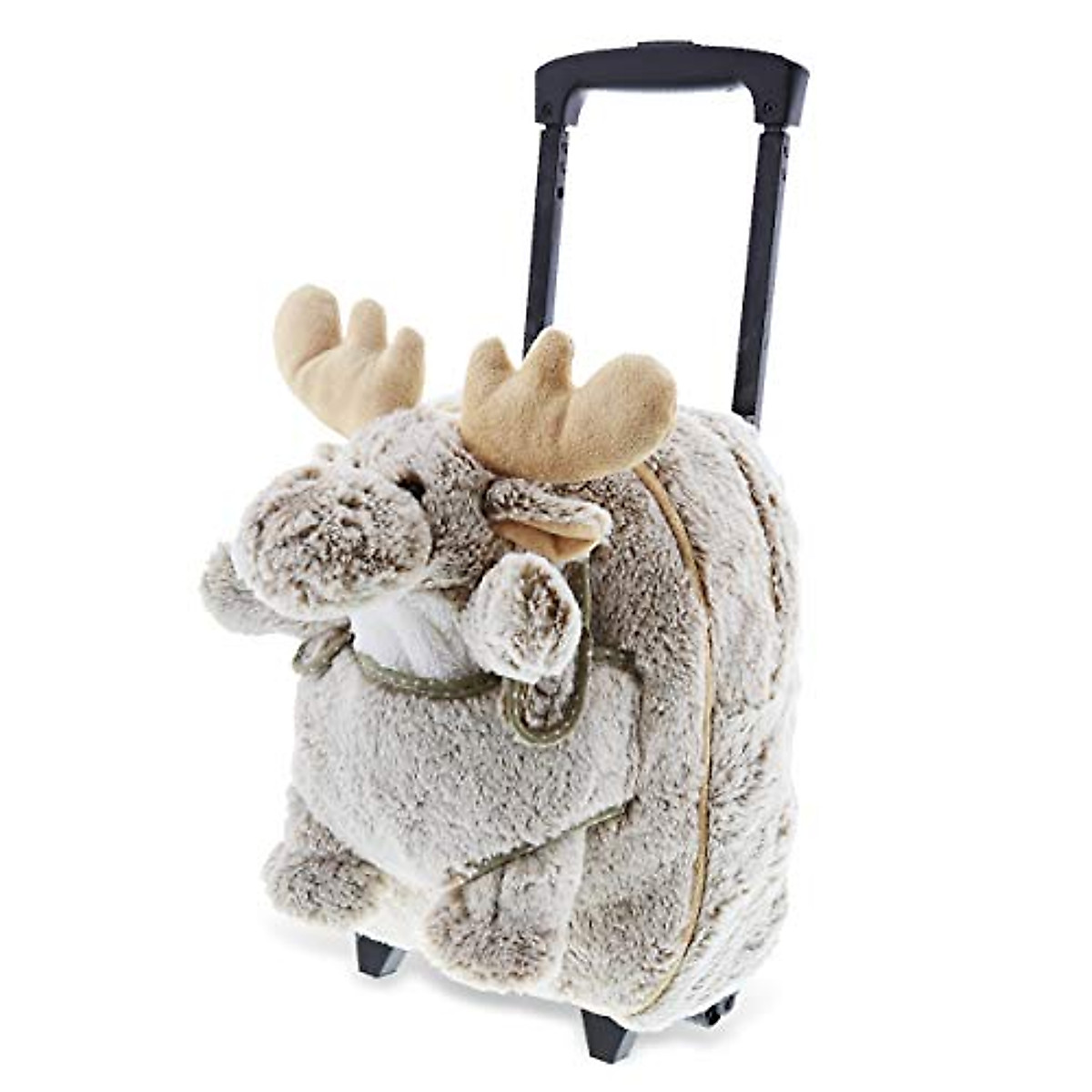 DolliBu Moose Plush Trolley & Purse Set - 3-in-1 Kids Trolley, Backpack, & Brown Moose Purse, Soft Plush Backpack on Wheels, Rolling Bag with Removable Plush Toy Purse - 15"