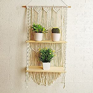 Macrame Wall Hanging Shelf - Boho Indoor Hanging Shelves for Wall - Decorative Bohemian Floating Plants Room Storage Shelving Macrame Rope Decor Organizer Rack, 2 Tier Indoor Handmade Plant Shelves
