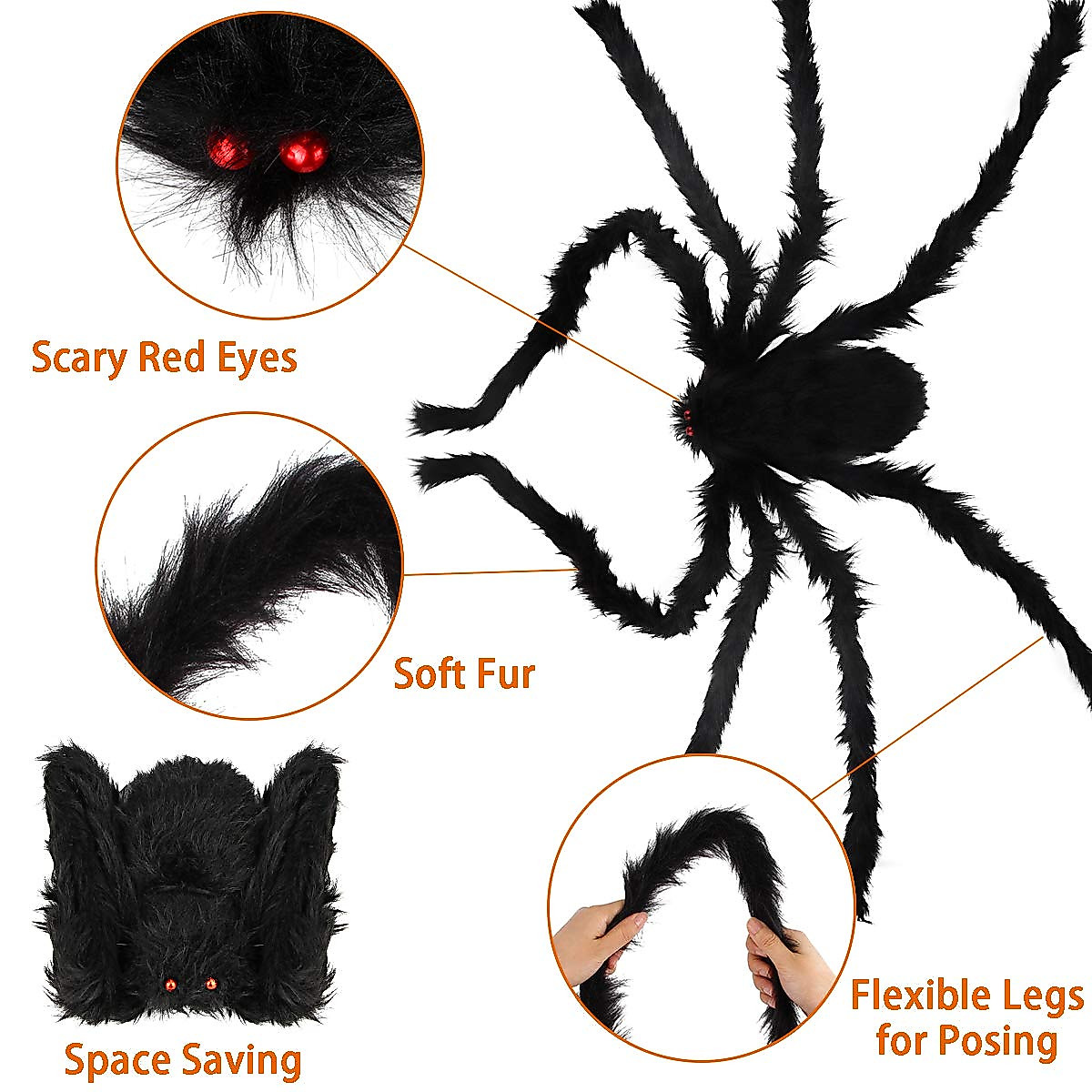 Apfity 2 Pack Halloween Decorations Spiders, Hairy Giant Spiders for Scary Halloween Decor Outdoor Wall Yard House, (6.5 FT + 5 FT)