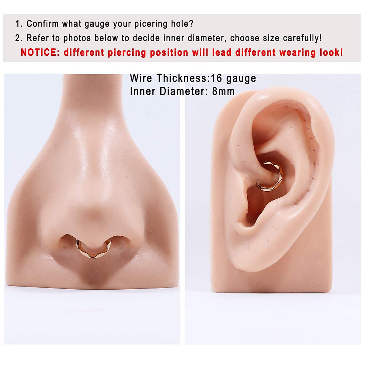 FANSING 316L Surgical Steel Wavy Hinged Cartilage Earring Hoop Piercing Earrings for Women Daith Helix Tragus 16 Gauge Septum Jewelry 8mm Nose Rings Septum Clicker Rose Gold