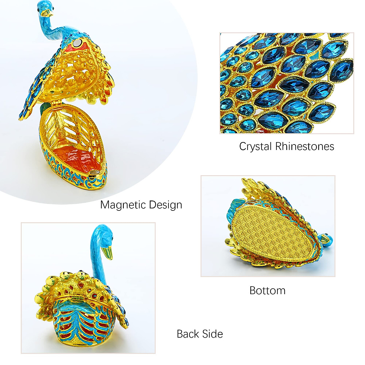 YU FENG 3.7inch Enamel Blue Gems Swan Trinket Box Hinged Hand-Painted Jewelry Storage Ring Holder Keepsake Box Animal Figurine Collectible Wedding Favor Gift