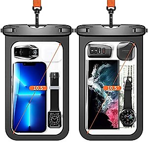 Lanhiem 10.5" Large Waterproof Phone Pouch, 2 Pack Universal IPX8 Waterproof Dry Bag with Lanyard for iPhone 14/13/12 Pro Max, Samsung Galaxy S23 Ultra, S22 S21 S20 FE, Google Pixel 7 6A, Black+Black
