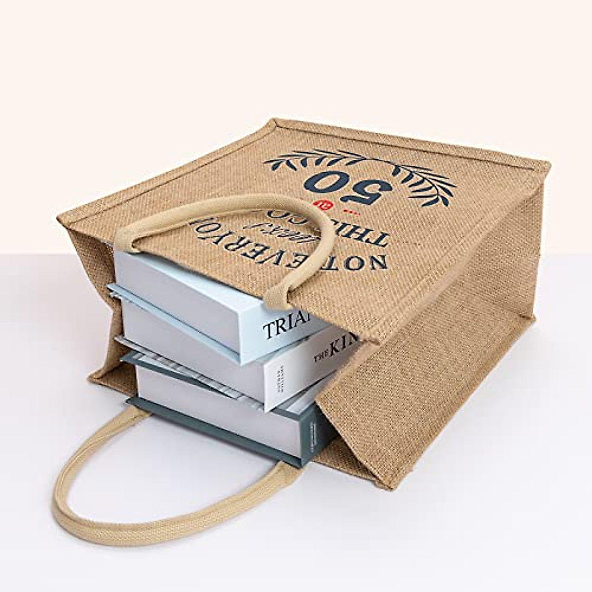 CQNET 50th Birthday Keepsake Gift Bag for Women, Novelty Jute Cotton Tote Giftable Present Bag for Mom, Wife or Friend, Beige, Medium