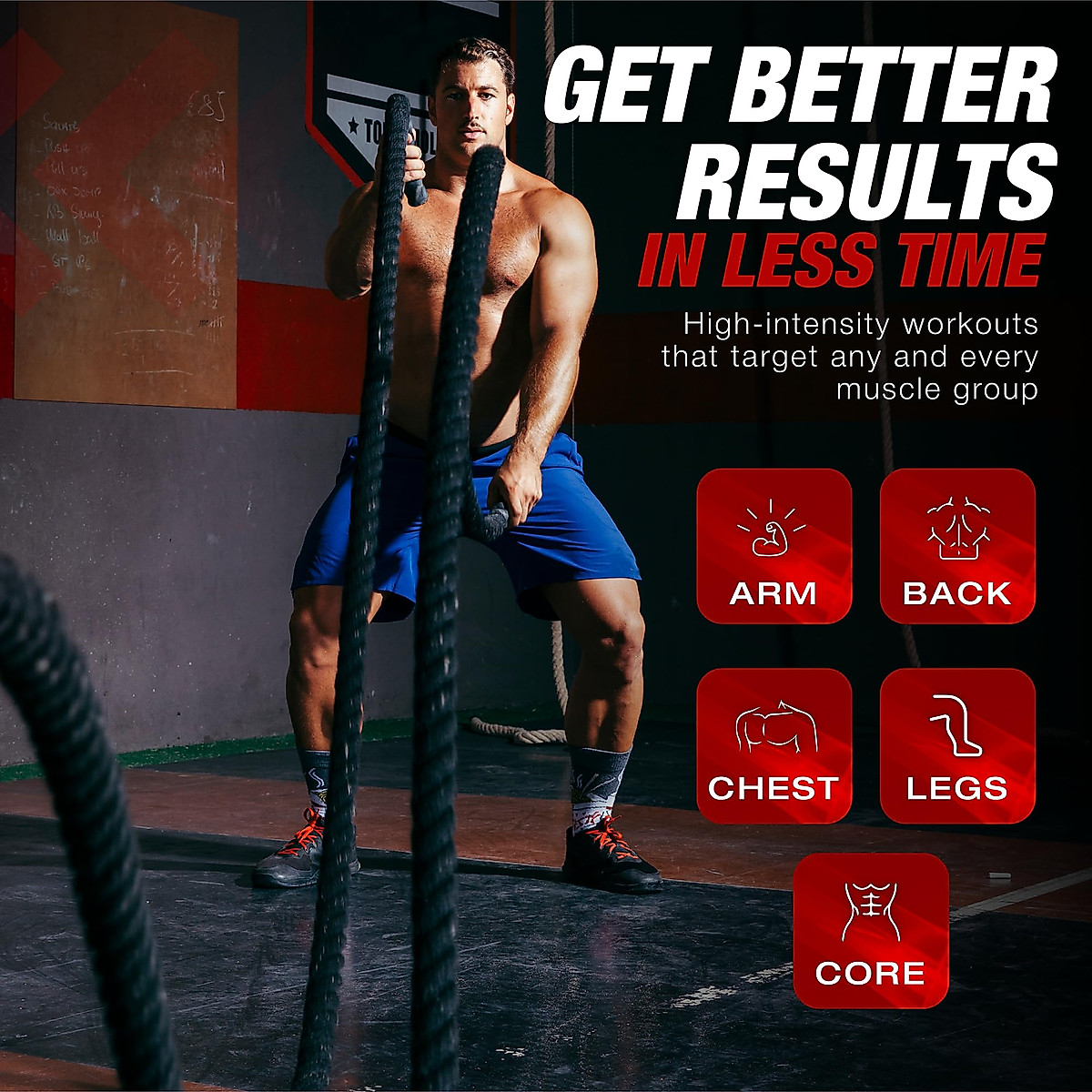 Pro Battle Ropes with Anchor Strap Kit and Exercise Poster – Upgraded Durable Protective Sleeve – 100% Poly Dacron Heavy Battle Rope for Strength Training, Cardio Fitness, CrossFit Rope (1.5” x 30 ft)