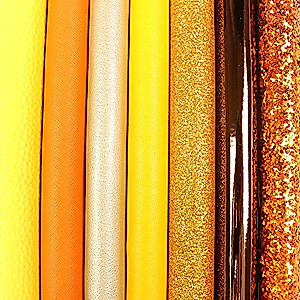 Yuanchuan 7Pcs/Set 8.3" x 12"(21cm x 30cm) A4 Bundle Leather Sheets Mixed Golden Series Solid Colors Texture Embossed Faux Leather Sheets Glitter Faux Leather Fabric Bow Earrings Making DIY Craft (Golden Set)
