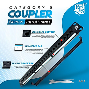ETS 24 Port CAT6 Pass Through Coupler Patch Panel with Back Bar, Compatible with Cat5, Cat5e, Cat6, Cat6A, Loaded with Unshielded keystones