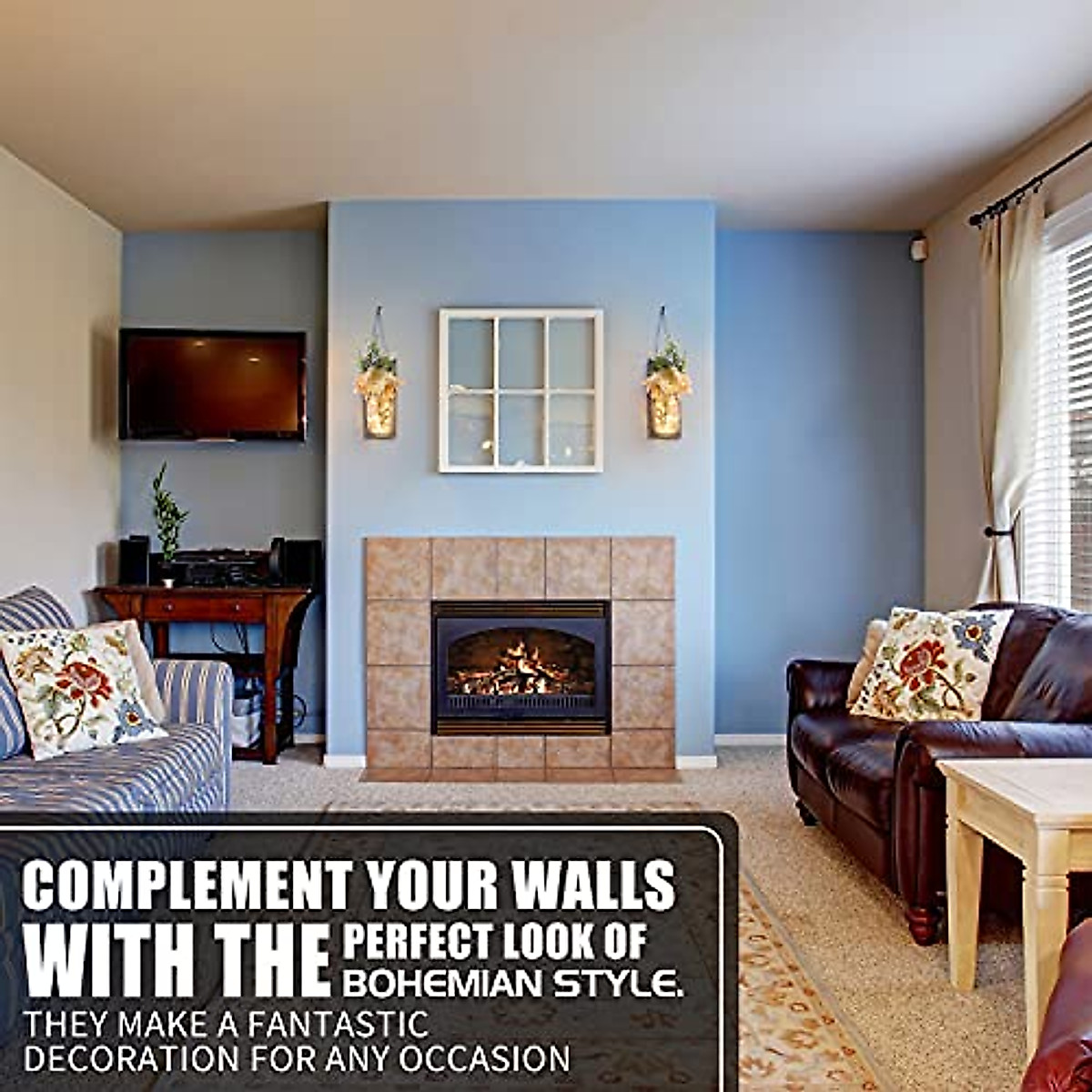 Mason Jar Sconces Home Design Wall Decor Remote Control Farmhouse Shabby Chic Living Room Kitchen Bedroom Bathroom Decoration with 6-Hour Timer LED Lights Flowers Silk Hydrangea Set of 2 Grey