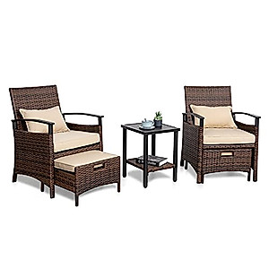 WAMPAT 5 Pcs Patio Furniture Sets Mixed Brown Color Plus Size Patio Wicker Conversation Set with Cushions, Lumbar Pillows, Ottoman Set and Metal Storage Coffee Table Porch Furniture Sets