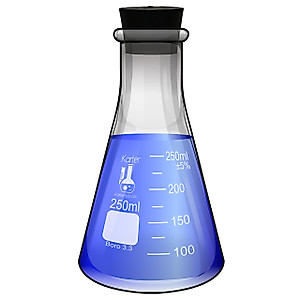 250ml Narrow Mouth Erlenmeyer Flask with Rubber Stopper, 3.3 Borosilicate Glass, Karter Scientific (Single)