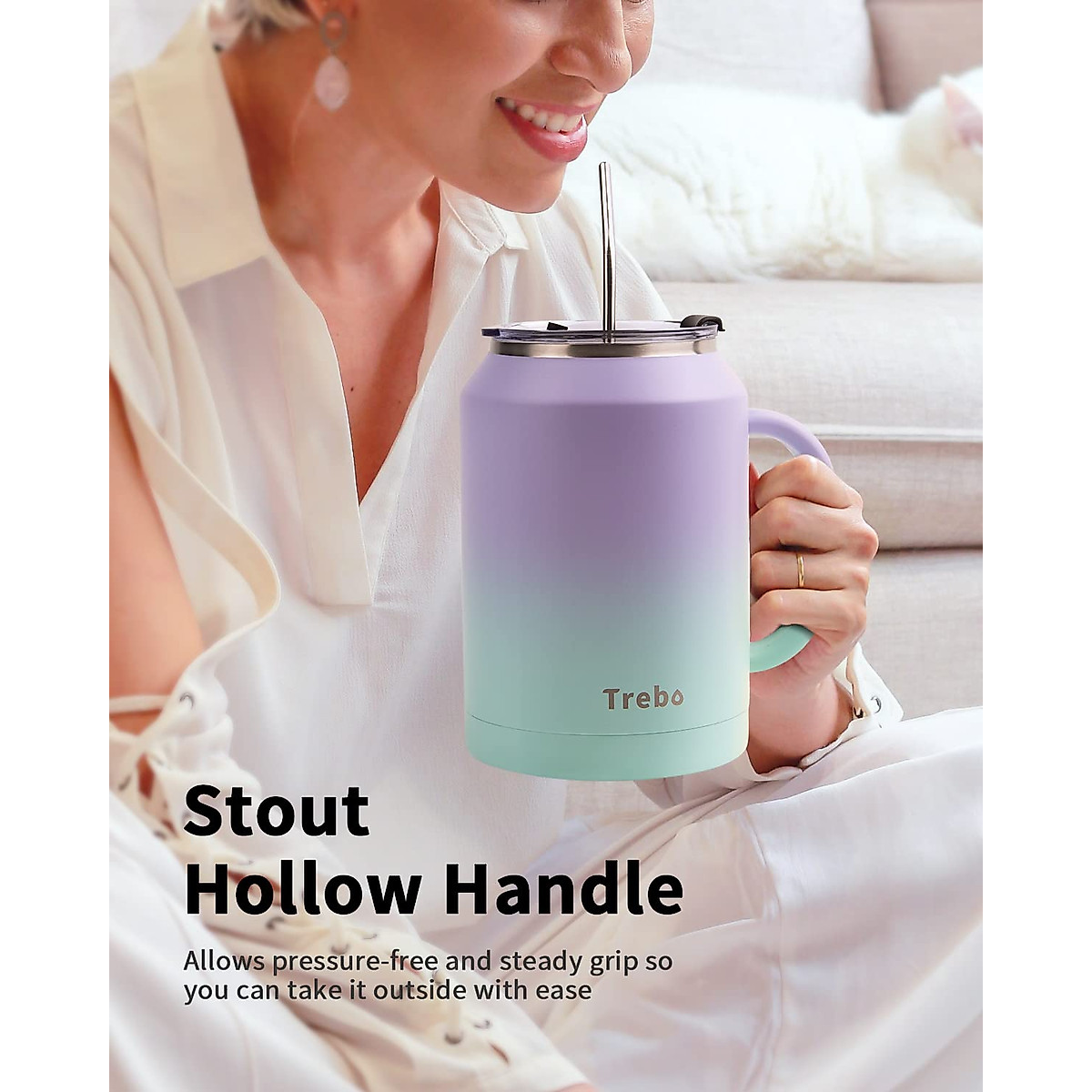 Trebo Water Bottle 64oz with Paracord Handle, Half Gallon Food-grade Double Wall Vacuum Stainless Steel Insulated Jug with Straw Spout Handle Lids,&Trebo 50 oz Mug Tumbler with Handle, Coffee Cup