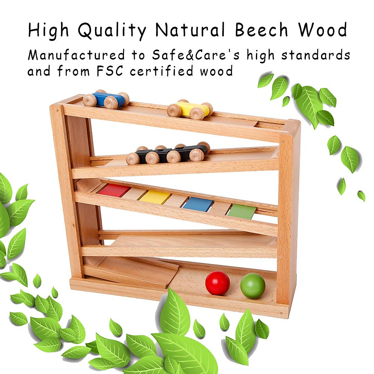 Wooden Ramp Racer. Race Track for Toddlers and 3 Wood Cars and 2 Balls,Toddler Toys for 1 2 3 Year Old Boy and Girl Gifts