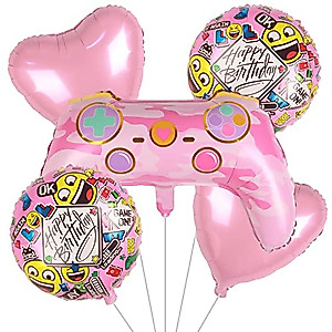 Video Game Balloon Pink Remote Controller Balloon Foil Mylar Gaming Balloons Gamepad Level Up Balloons for Girls Gamer Birthday Decorations Game On Gaming Theme Party Supplies, 5 Pack