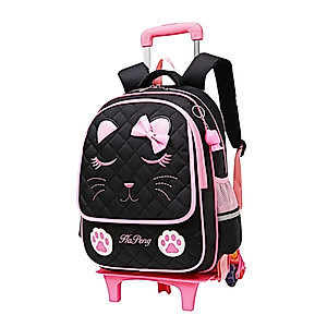 Girls Rolling Backpack Trolley School Bags Cat Face Print Travel Wheeled Carry-on Kids' Luggage