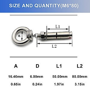 Amycheer Ring Lifting Expansion Eyebolt Screw Bolt 304 Stainless Steel Closed Hook Anchor Eye Bolt Wall Concrete Expansion Screws Bolts M6x80mm 5 Pack