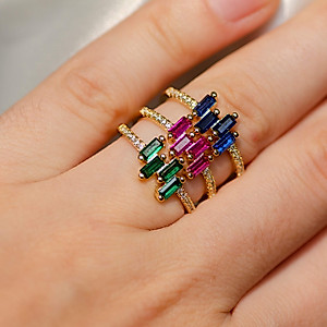 LAVLA 14k Gold Plated Baguette Green/Blue/Red Cubic Zirconia Half Eternity Stackable Ring | 1.5mm Thin Minimalist Simulated Diamond Band for Women (Green, 6)