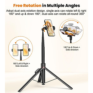 TONEOF 66" Automatic Phone Tripod with Magnetic Rechargable Remote,Selfie Stick 360° Vertical & Horizontal Rotatable,Stable for iPhone/Android(Black)