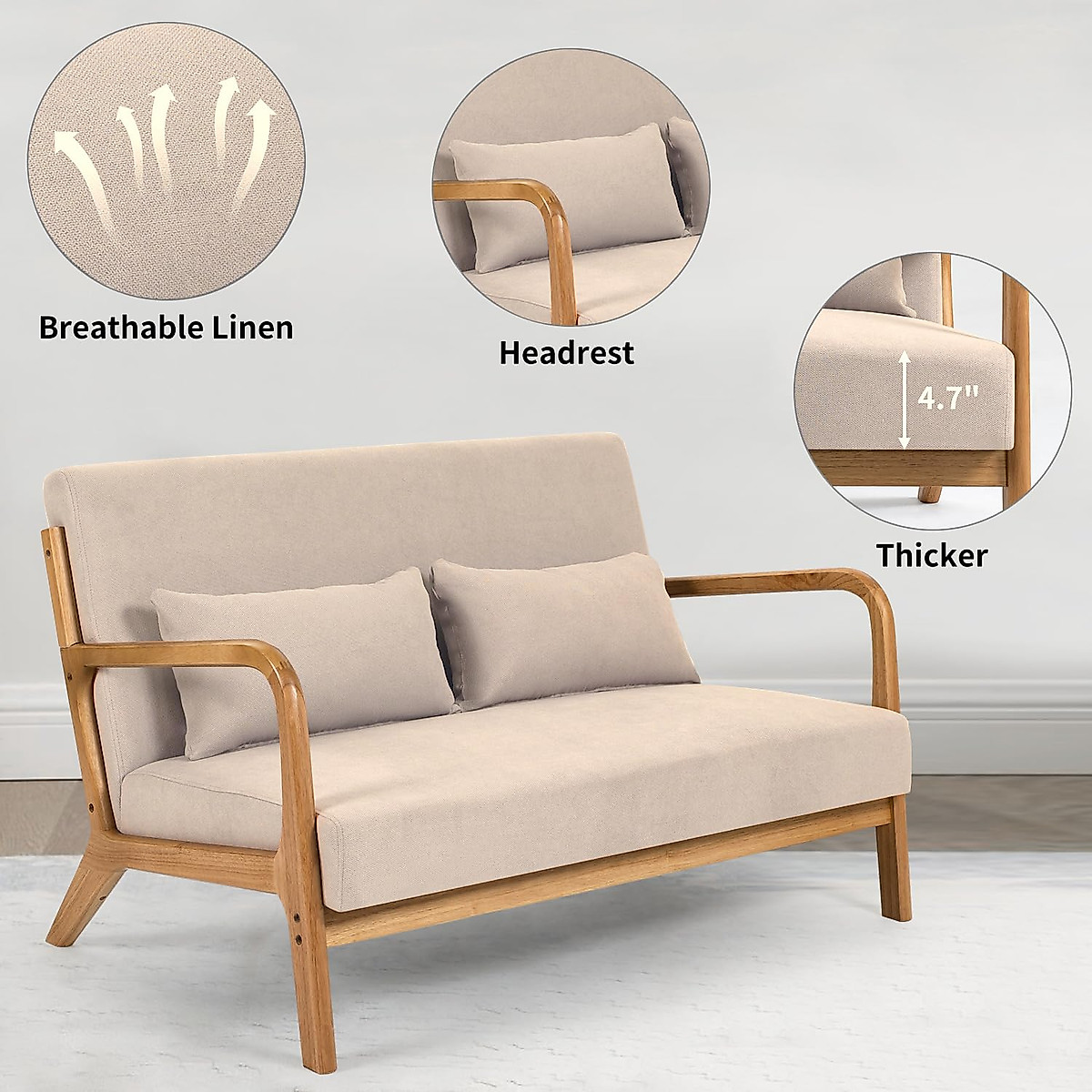 Loveseat Sofa Small Couch, Mid Century Modern Accent Chair 2 Seat Couch with 2 Pillows for Small Space, Living Room, Bedroom