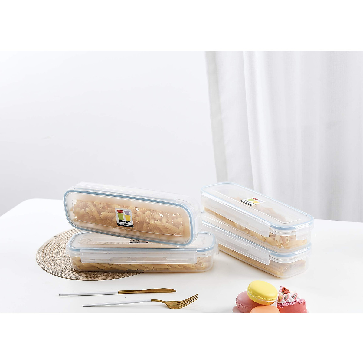 Komax Biokips Pasta Storage Containers Set of 4 – BPA-Free Rectangular Plastic Containers with Lids – Microwave & Dishwasher Safe Airtight Containers – Noodle, Pasta, & Spaghetti Container (33 oz)