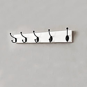 GIFTAYA Wood Coat Rack Wall Mounted - 22 Inches, 5 Hooks, Heavy Duty, for Coat Hat Towel Purse Robes Mudroom (White Base & Black Hook)