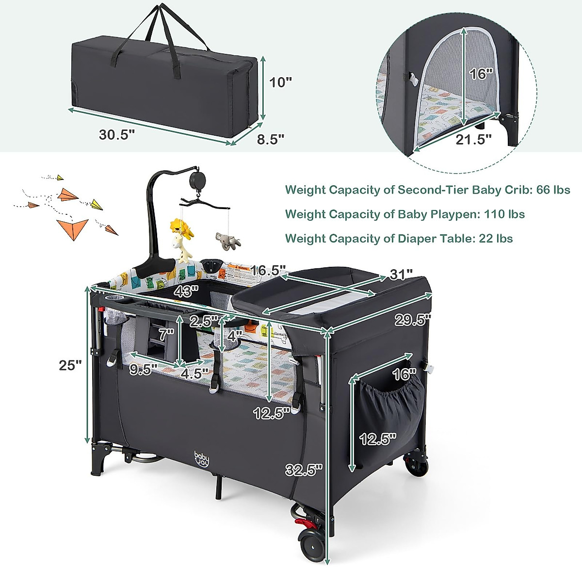 BABY JOY 5-in-1 Pack and Play, Baby Bedside Sleeper with Bassinet, Multifunction Bedside Crib from Newborn to Toddlers, U-Shaped Diaper Changer, Playard, Safety Strap, Music Box & Hanging Toys