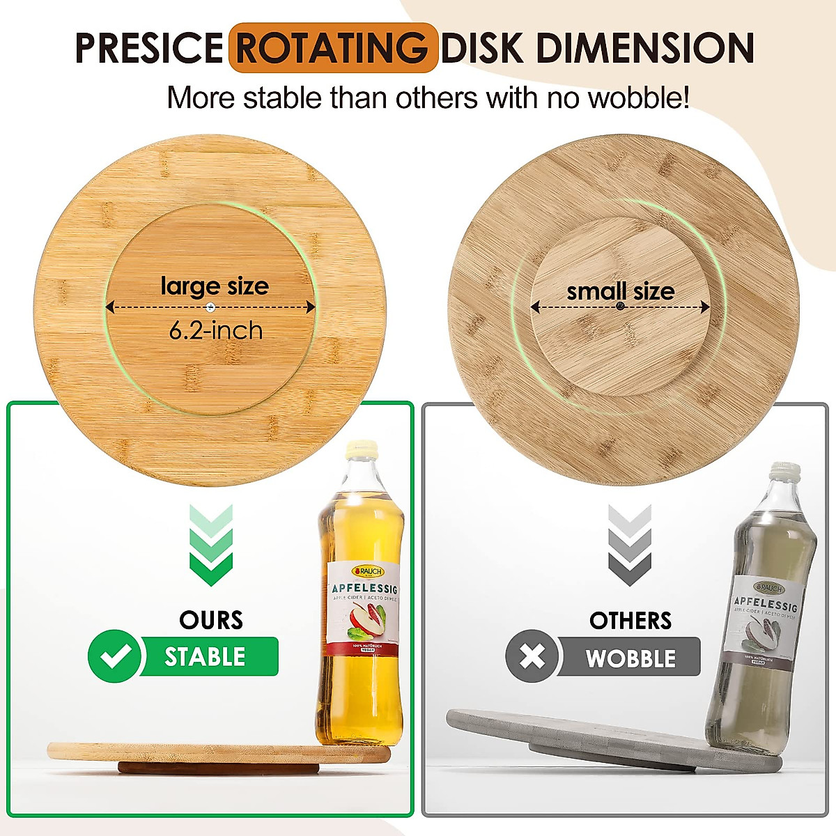 10 Inch Bamboo Wood Lazy Susan Organizers - Non-Skid Turntable Rack for Table, Pantry Organization and Storage, Kitchen, Cabinets, Closets, Spice Rack - Large Base, Anti-Rollover - 2 Pack