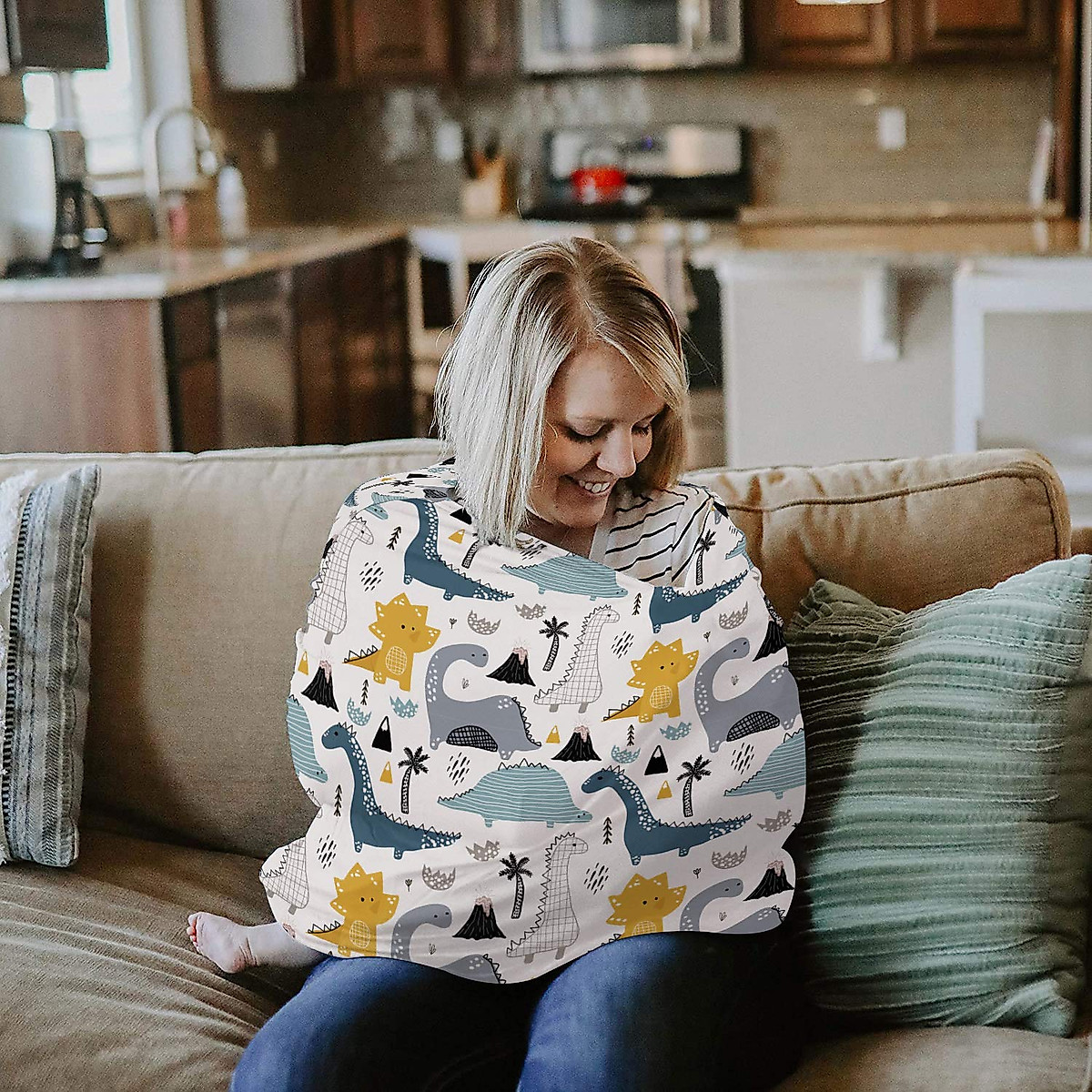 Baby Car Seat Covers Dinosaur, Nursing Cover Breastfeeding Scarf/Shawl, Infant Carseat Canopy, Stretchy Soft Breathable Multi-use Cover Ups, Cartoon Dinosaurs Cute Sketch with Volcanic