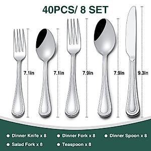 40 Pieces Silverware Set, Pearled Edge Silverware Cutlery Set Service for 8, Premium Stainless Steel Flatware Set, Knife Fork Spoon Tableware Set for Home, Restaurant, hotel, Dishwasher Safe