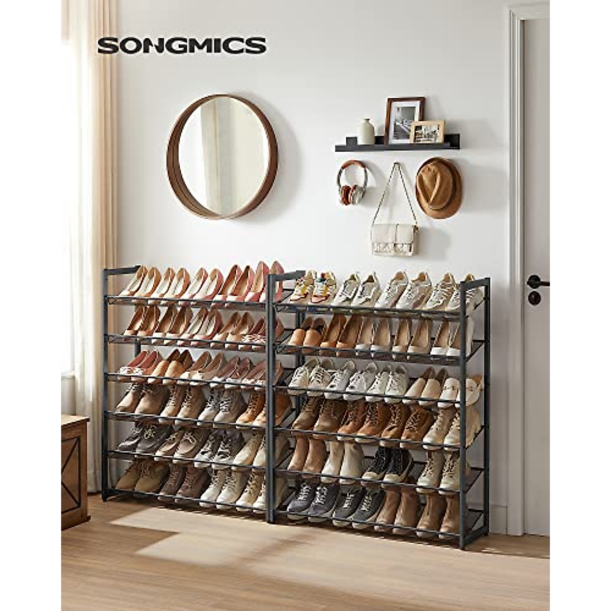 SONGMICS Shoe Rack, 12-Tier Tall Metal Shoe Storage Organizer for Closet, Entryway, Garage, Set of 2 6-Tier Big Stackable Shoes Rack Shelf, Adjustable Feet & Slanted Shelves, Holds 48-60 Pairs, Black