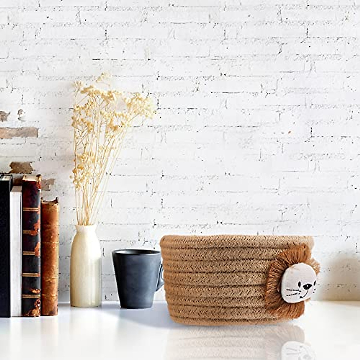 Cabilock Cotton Rope Storage Basket Woven Decorative Laundry Basket with Lion Sundries Hamper Storage Holder Nursery Bin for Bathroom Shelf Makeup Organization Khaki
