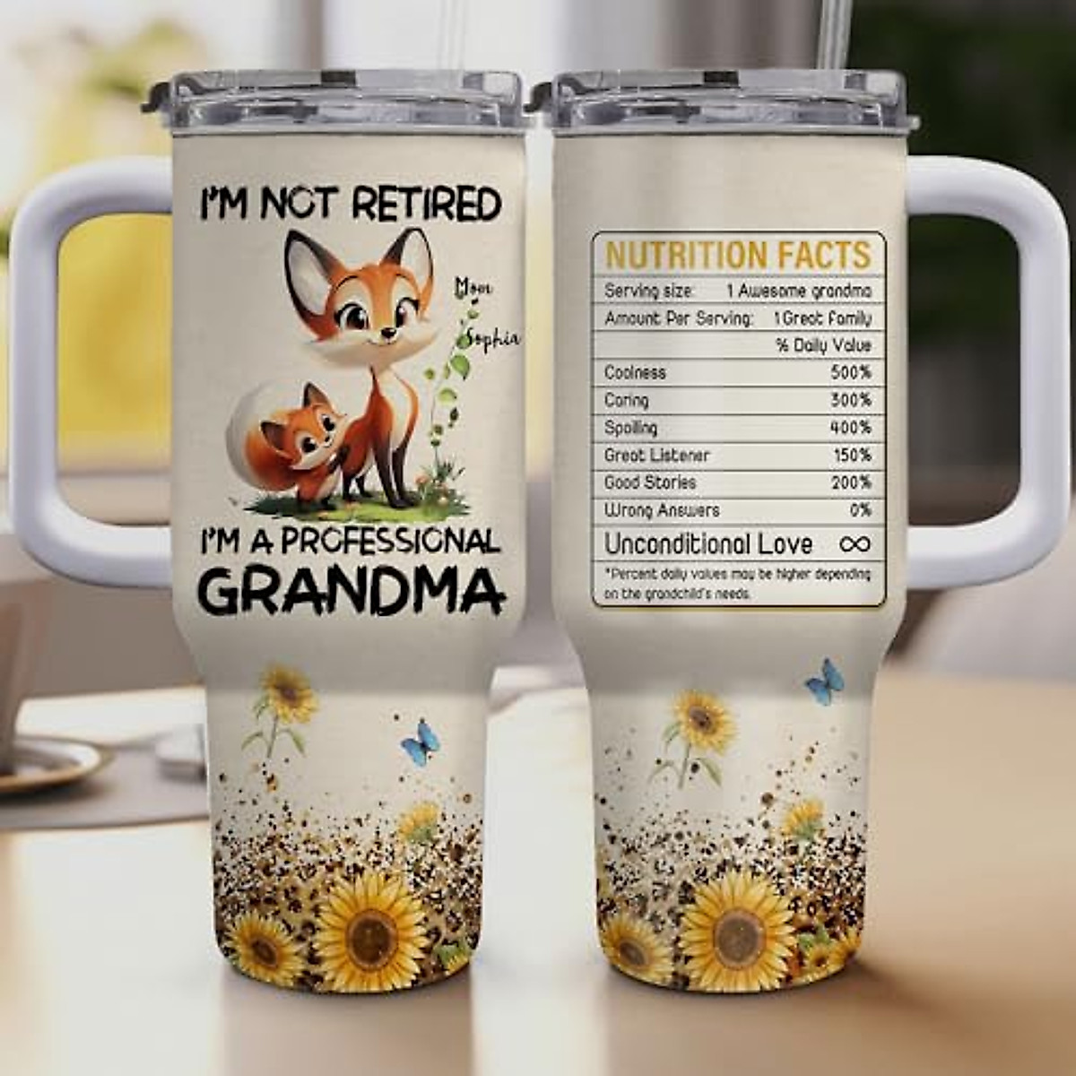 Personalized 40oz Tumbler - Cute A fox mother standing while her playful pup tugs on Mother and Child Design with Nutrition Facts - Gift for Mom, Grandma, Mother's Day ZgND0l