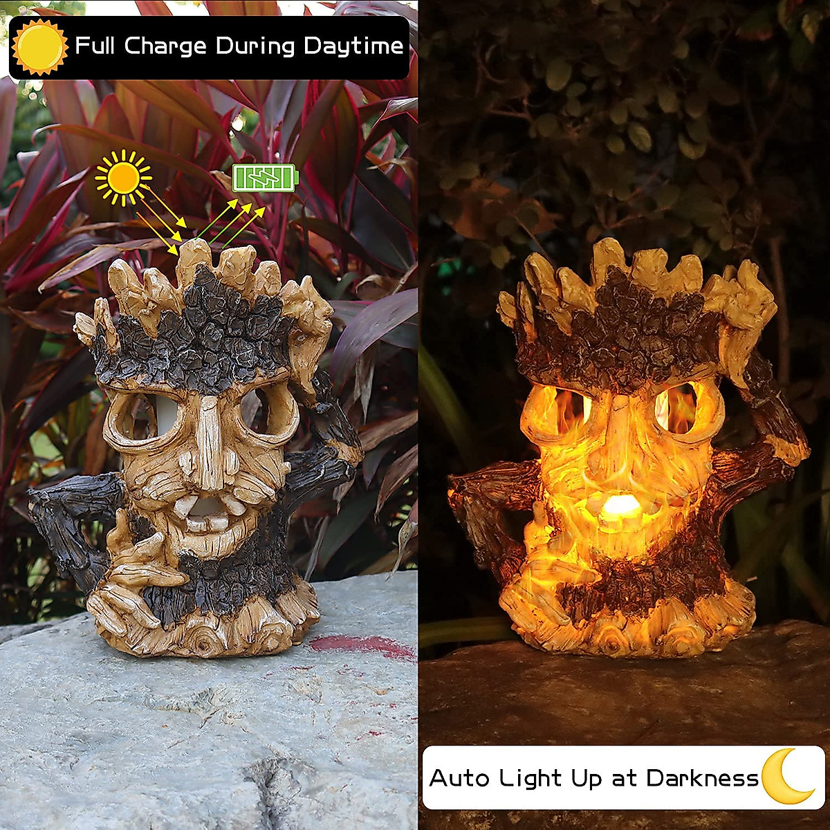 Solar Lanterns Outdoor Tiki Statue Lights Large Stump on Fire Figurine Flickering Flame Solar Halloween Light Waterproof Patio Decoration for Table Deck Garden Yard Lawn Porch Garden Holiday (1 Pack)