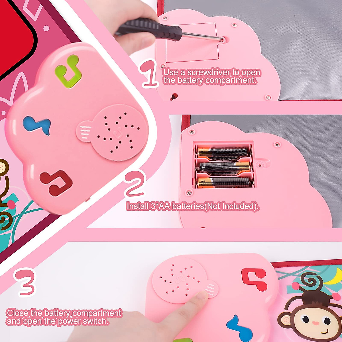 M SANMERSEN Piano Mat for Kids, Keyboard Music Dancing Play Mat with 5 Animal Sounds Electronic Touch Musical Playmat Game Toy Early Education Learning Toys Gift for Toddler Girls and Boys - Pink