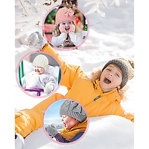 SATINIOR 6 Pieces Baby Winter Hats Infant Winter Warm Knitted Hat Gloves Set Toddler Beanie Mitten Gloves Set Newborn Baby Classic Beanie Warm Knitted Hats with Bow, Gray, White and Pink