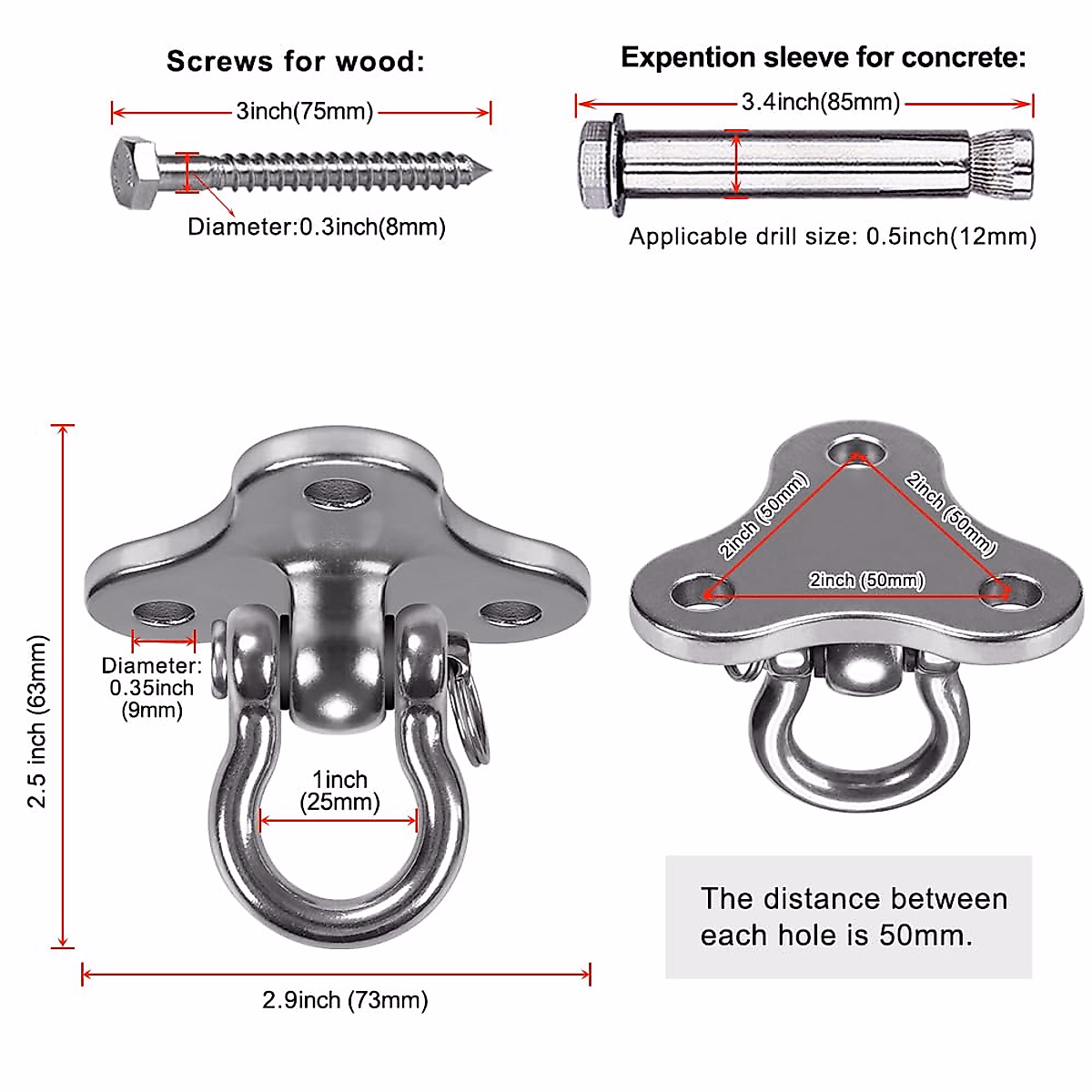 BeneLabel 3 Holes Heavy Duty Swing Hanger, Swing Set Hardware, Swing Set Accessories, Swing Set Brackets, Hammock Hanging Kit, Punching Bag Hangers, Indoor/Outdoor Playground, 1100BL Capacity