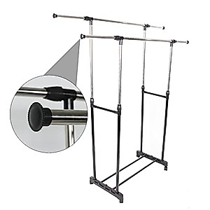 Ymlpre Standard Clothing Garment Rack Double Rail Rolling Clothes Rack with 4 Wheels and Bottom Shelves Hanging Clothes Organizer Stand Rack, Height Adjustable, Dual Black-Silver