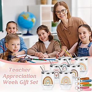 Rtteri 6 Set Teacher Appreciation Gifts Bulk 12 oz Rainbow Tumbler with Lid Straw Brush Keychains Makeup Bags Thank You Teacher Gift Back to School Appreciation Gift Set for Birthday Graduation Women