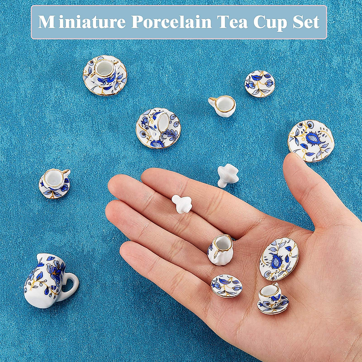 15 Pieces Miniature Porcelain Tea Cup Set Kitchen Miniature Porcelain Set Mini Flower Pattern Teapot Cup Plates Set Dollhouse Kitchen Accessories Set (Retro Flower Style)