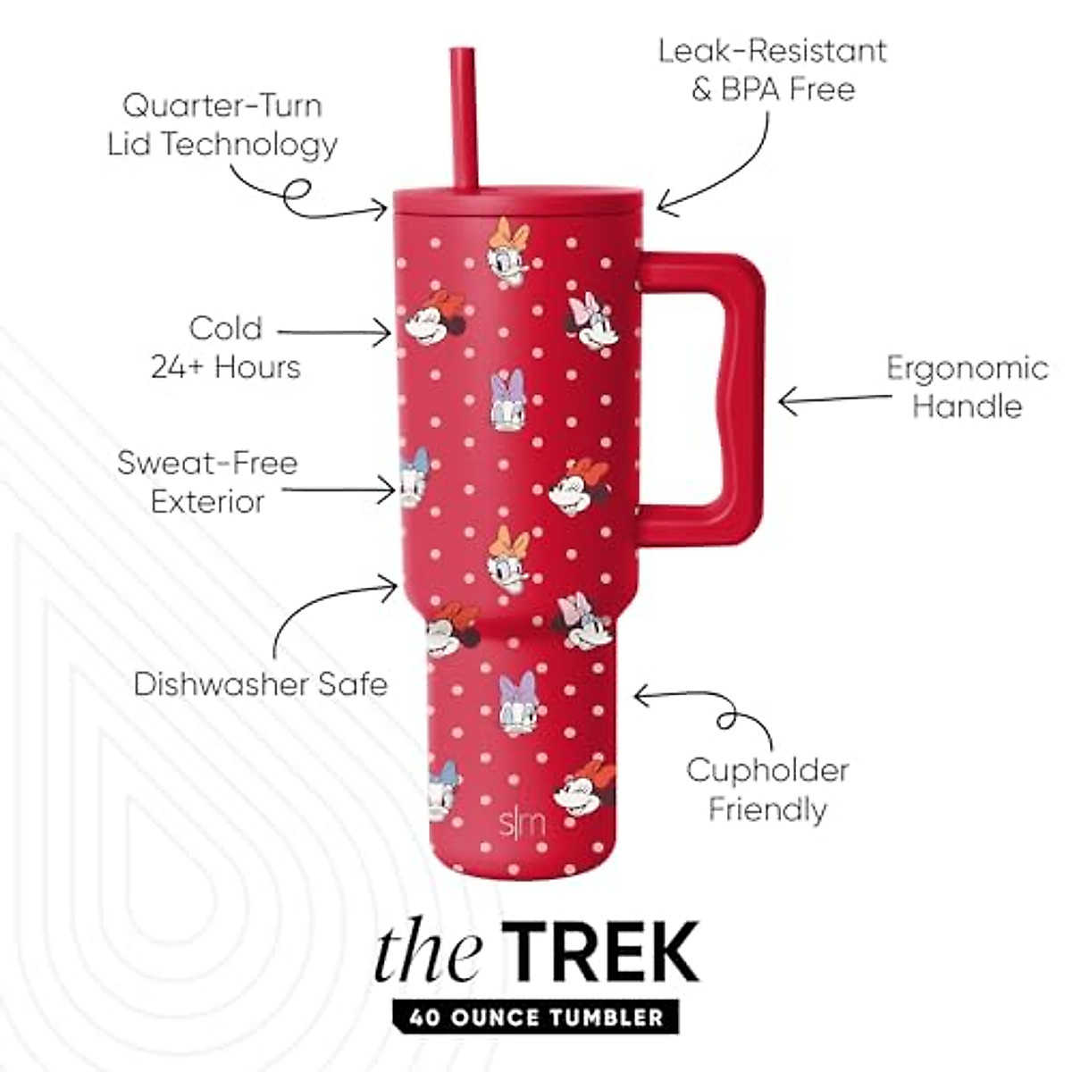 Simple Modern Valentine's Day Disney 40 oz Tumbler with Handle | Insulated Stainless Steel Water Bottle Travel Mug | Holiday Gifts for Women Her | Trek Collection | 40oz | Minnie Dots and Faces