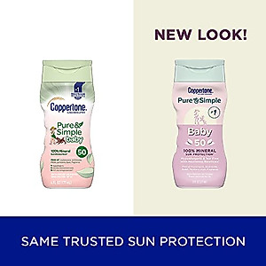 Coppertone Pure and Simple Sunscreen SPF 50 Lotion with Zinc Oxide Mineral for Babies, Tear Free, Water Resistant, Broad Spectrum, 6 Fl Oz Bottle