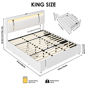 Keyluv King Size Bed Frame with RGB LED Lights & 2 Storage Drawers, Modern Upholstered Platform Bed with Iron Metal Decor, USB Charging Ports, White