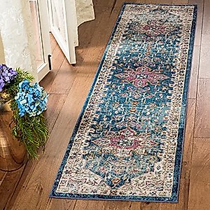 SAFAVIEH Aria Collection 2' x 8' Blue/Cream ARA160B Oriental Medallion Distressed Non-Shedding Living Room Entryway Foyer Hallway Bedroom Runner Rug
