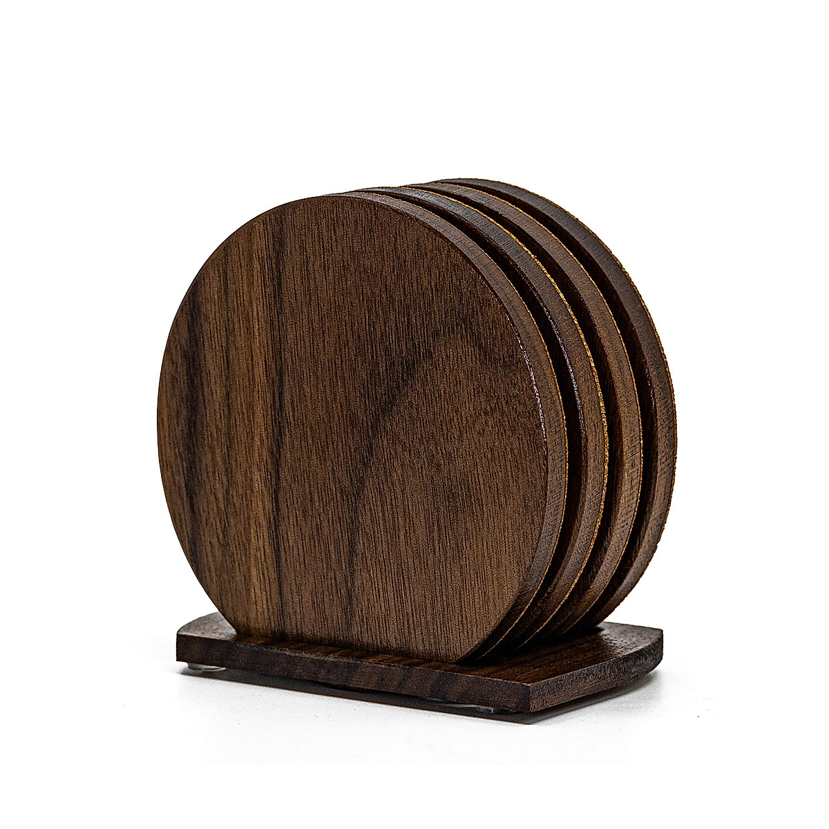 Walnut Wood & Cork Drink Coasters with Holder – Set of 4 Reversible Natural Round Wooden Coasters & Base for Absorbent Furniture Protection for Rustic Home and Office Décor – Perfect Housewarming Gift