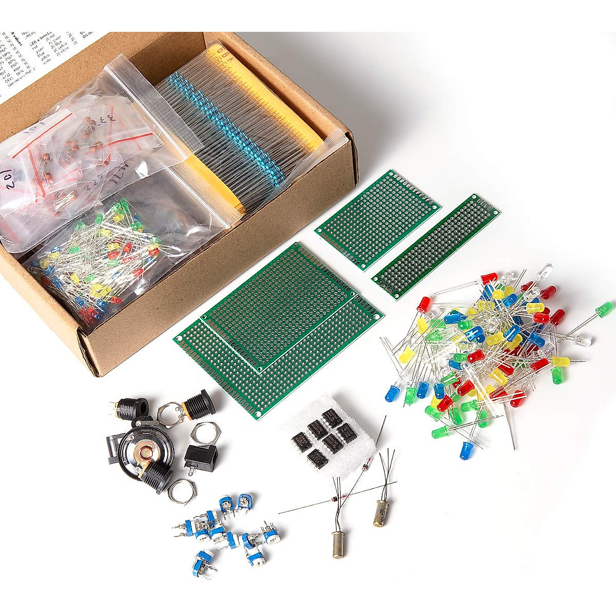 Mega Electronic Component Kit Assortment, Capacitors, Resistors, LED, Transistors, Diodes, 1n270 Germanium, DC Jacks, opamp, PCB, Speaker, 1900 pcs