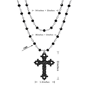 OLARCU Gothic Layered Cross Pendant Necklace for Women, Womens Black Beaded Goth Punk Grunge Jewelry