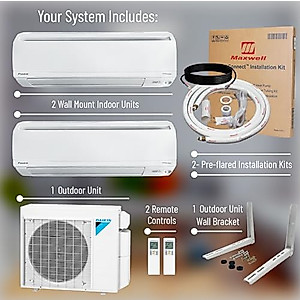 Daikin 2-Zone (2MXS18W) Ductless Mini-Split A/C Heat Pump System w/Maxwell 16 ft. Installation Kit and Wall Mounting Bracket (9K+9K)