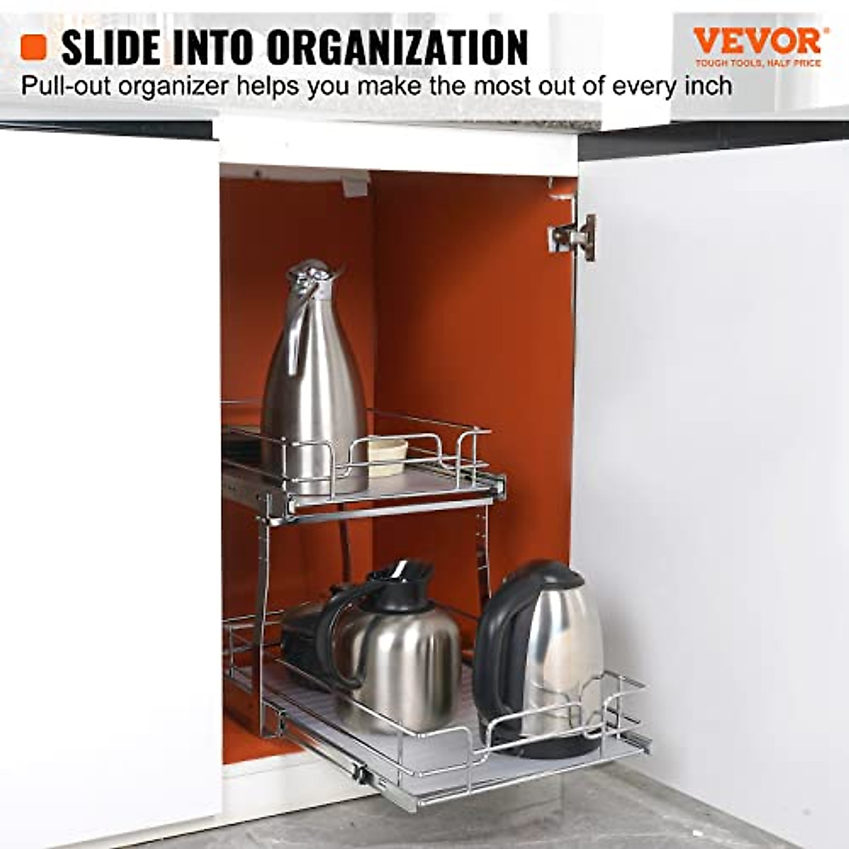 VEVOR 2 Tier 16"W x 21"D Pull Out Cabinet Organizer, Heavy Duty Slide Out Pantry Shelves, Chrome-Plated Steel Roll Out Drawers, Sliding Drawer Storage for Inside Kitchen Cabinet, Bathroom, Under Sink